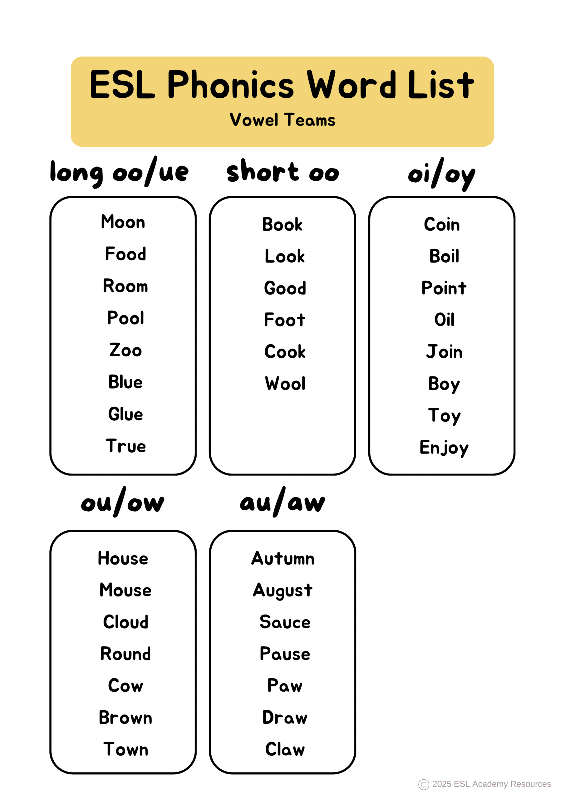 Words with AI, EE, IE & IGH: ESL-Friendly Phonics Word Lists – ESL ...