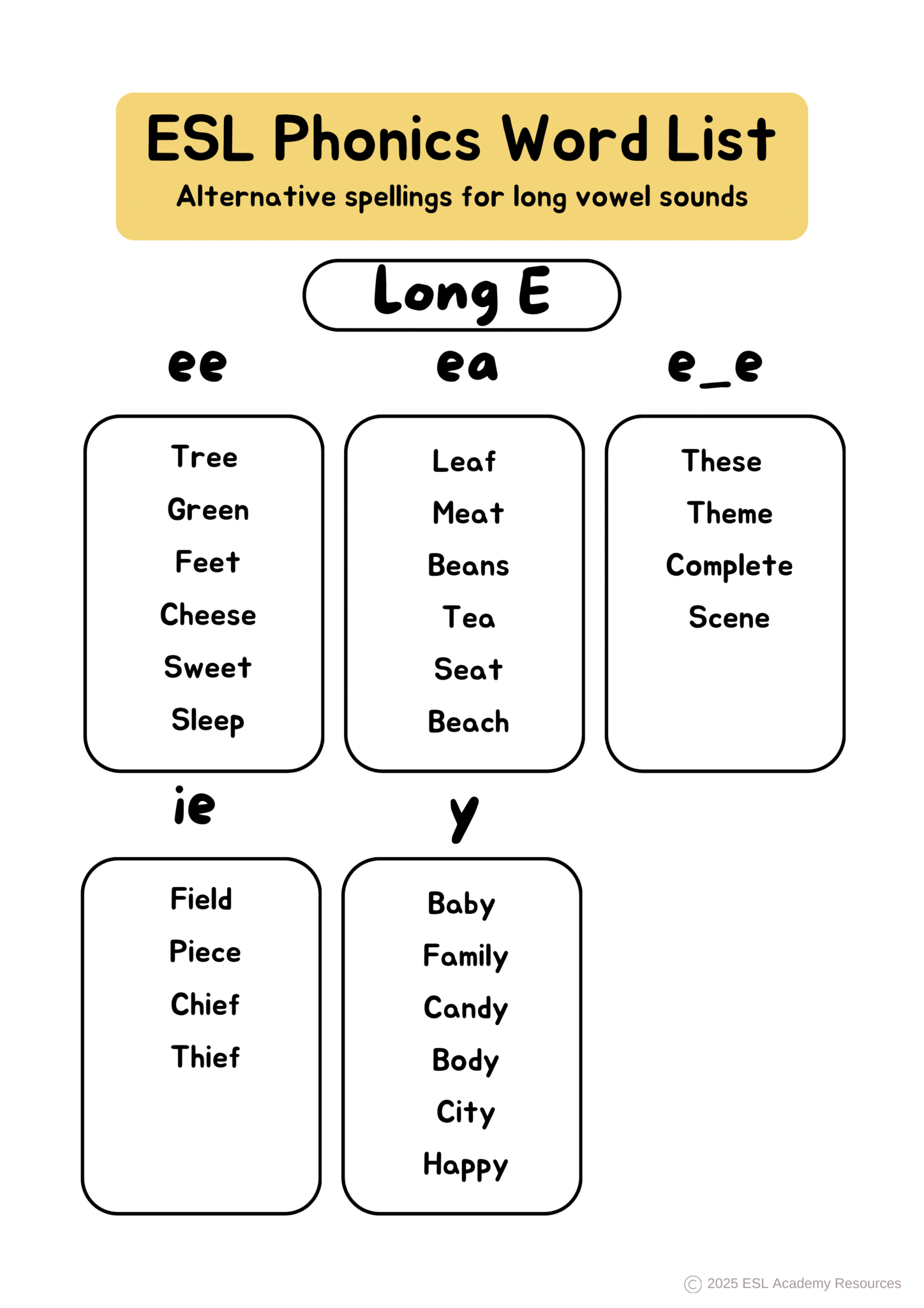Words with AI, EE, IE & IGH: ESL-Friendly Phonics Word Lists – ESL ...